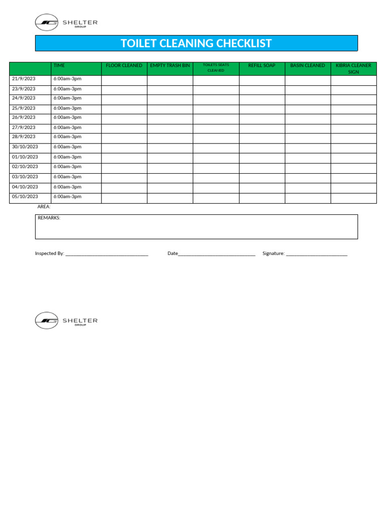 Monthly Toilet Cleaning Checklist | PDF