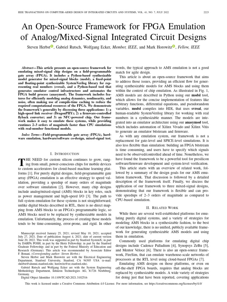 An Open-Source Framework For FPGA Emulation of Analog Mixed-Signal Integrated Circuit Designs ...
