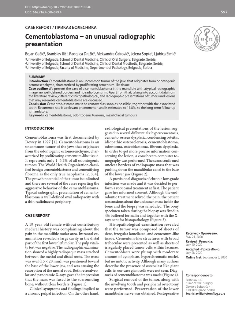 Cementoblastoma: Unusual Radiographic Case | PDF | Bone | Human Tooth