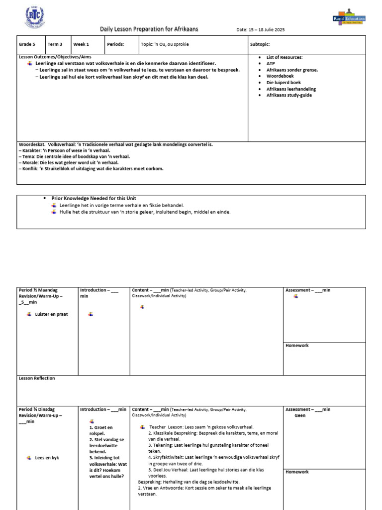 Lesson Plan Week 1 Graad 5 Afrikaans Kwartaal 3 2025 | PDF