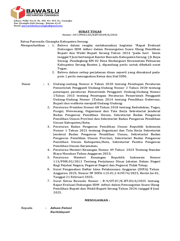 Surat Tugas Panwas SDM | PDF