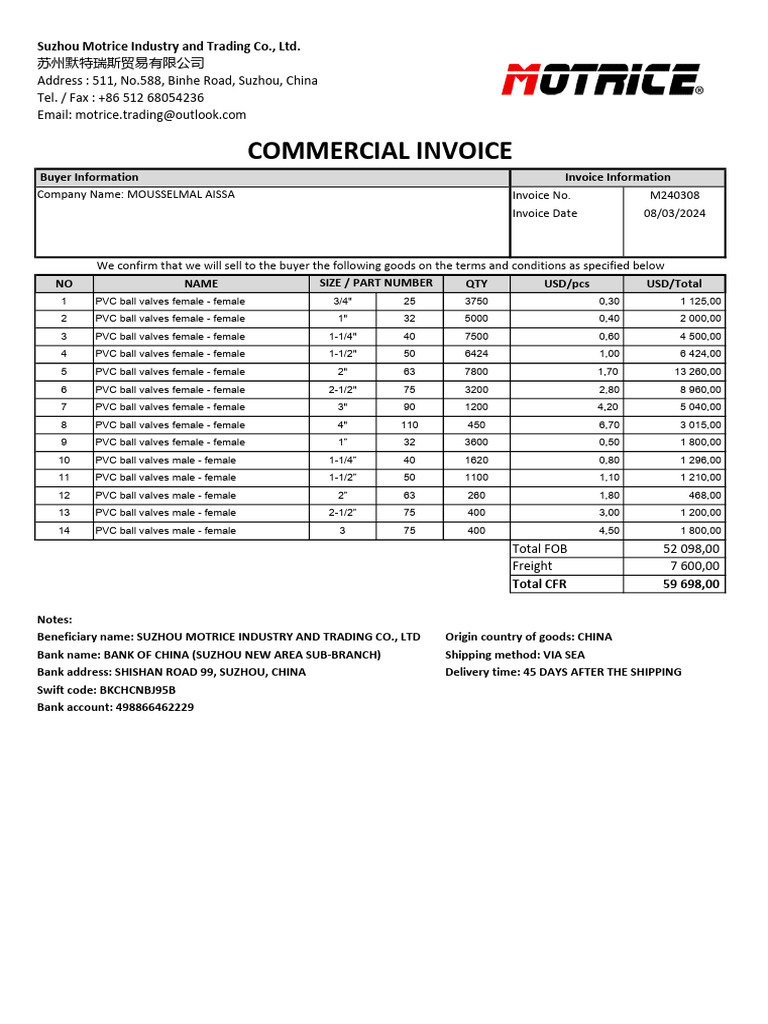 Valtech China Invoice for PVC Valves | PDF