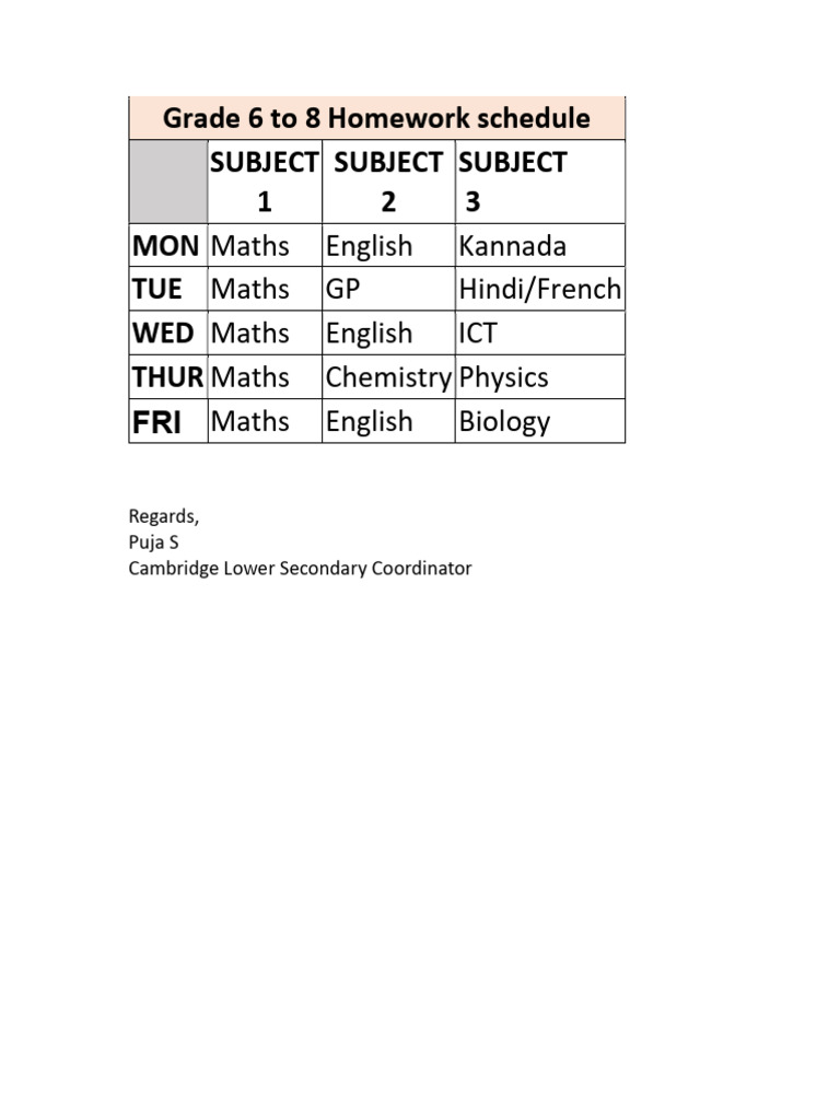 Grade 6 To 8 Homework Schedule AY 25-26 | PDF