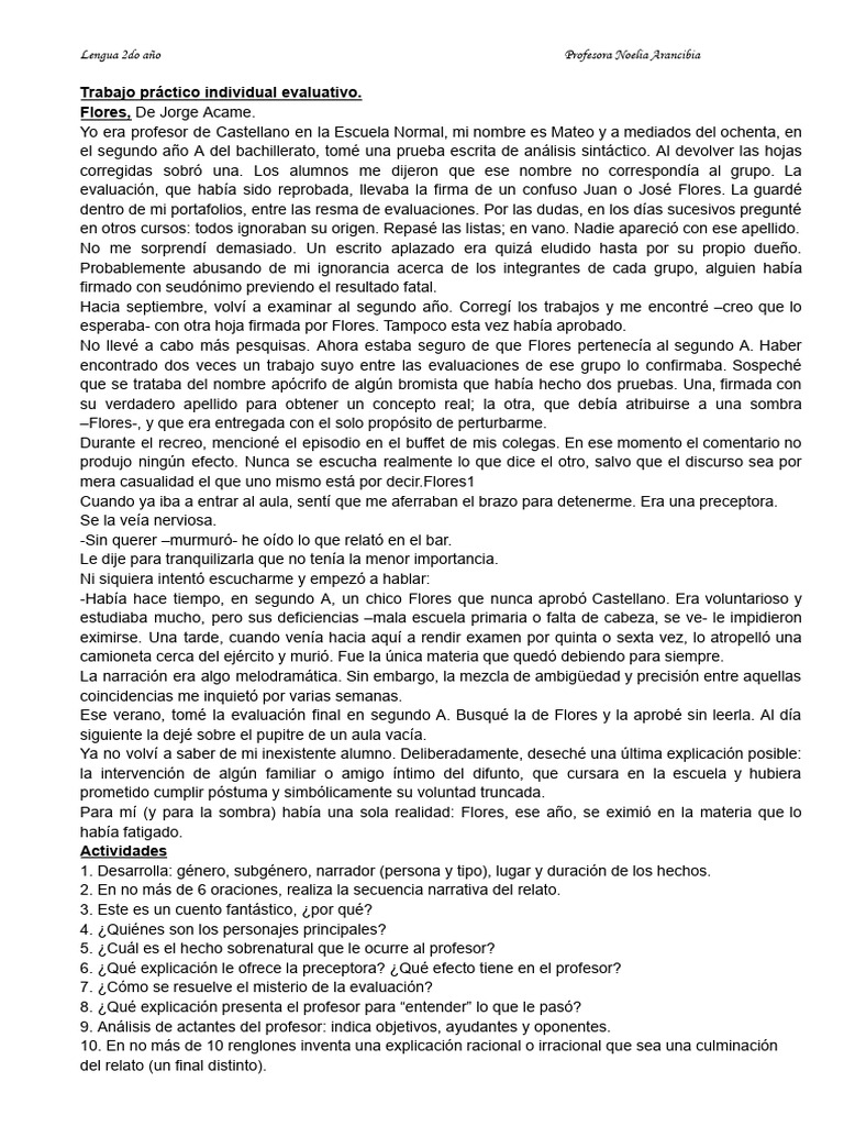 Análisis del cuento "Flores" de Acame | PDF
