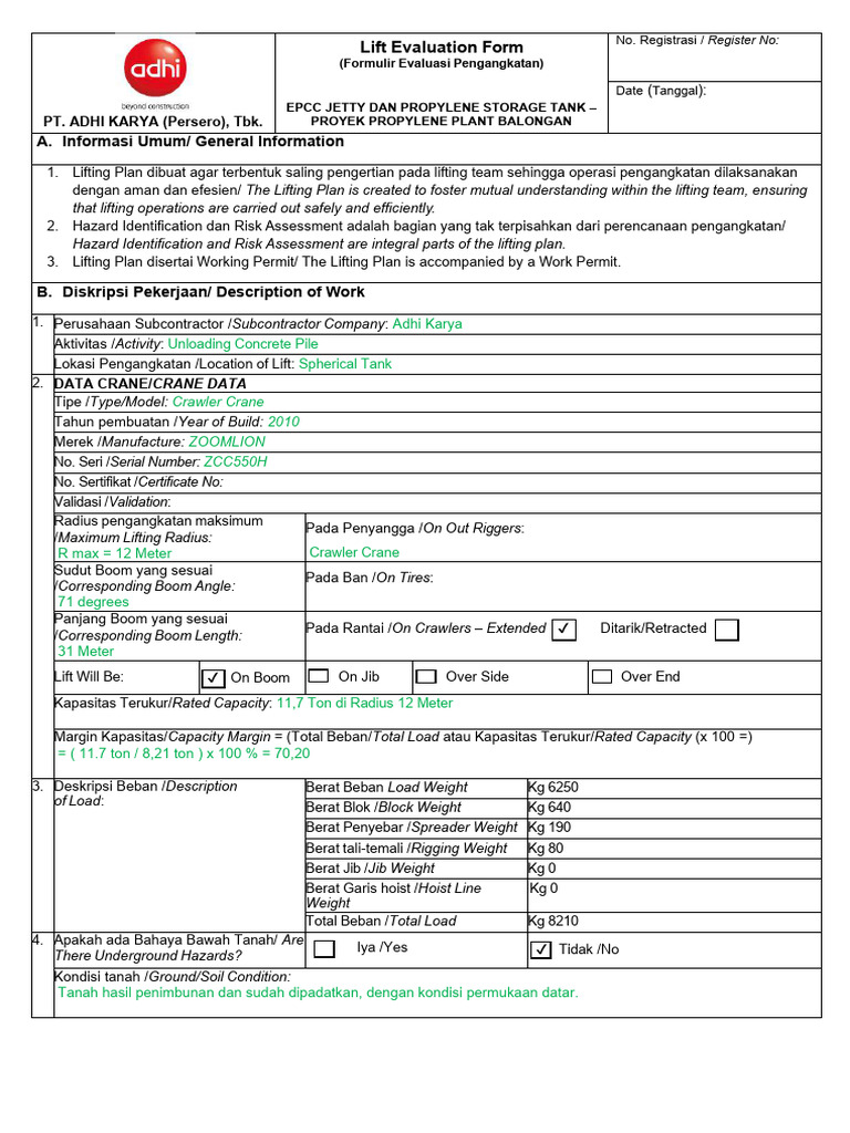 FORM LIFT EVALUATION - ZOOMLION - ZCC550H - Lifting Plan - PC Pile Diameter 600 MM | PDF | Crane ...
