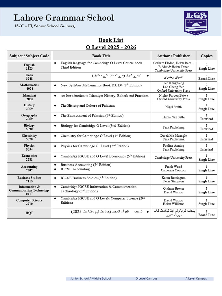 LGS O Level Book List 2025-2026 | PDF | Qualifications | Student ...