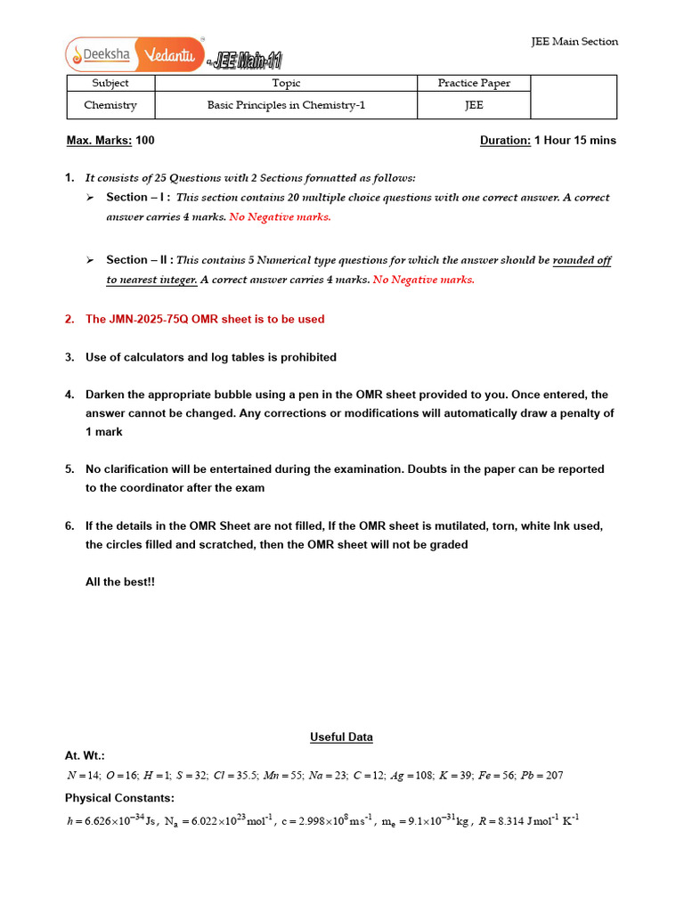01-JMN11PP Chemistry - 23-06-2025 - M3-1 | PDF | Mole (Unit) | Molecules