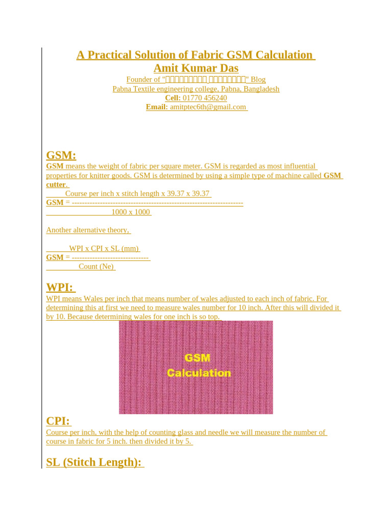 A Practical Solution of Fabric GSM Calculation | PDF | Textiles ...