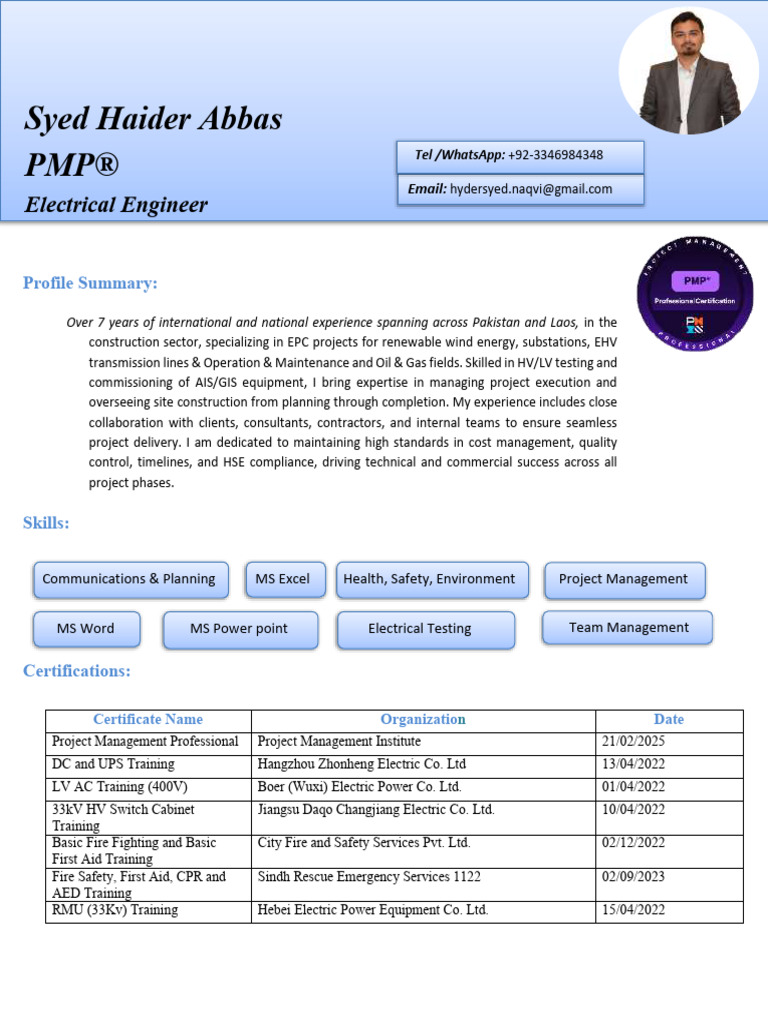 PMP Electrical Engr-Haider CV | PDF | Solar Panel | Electric Power