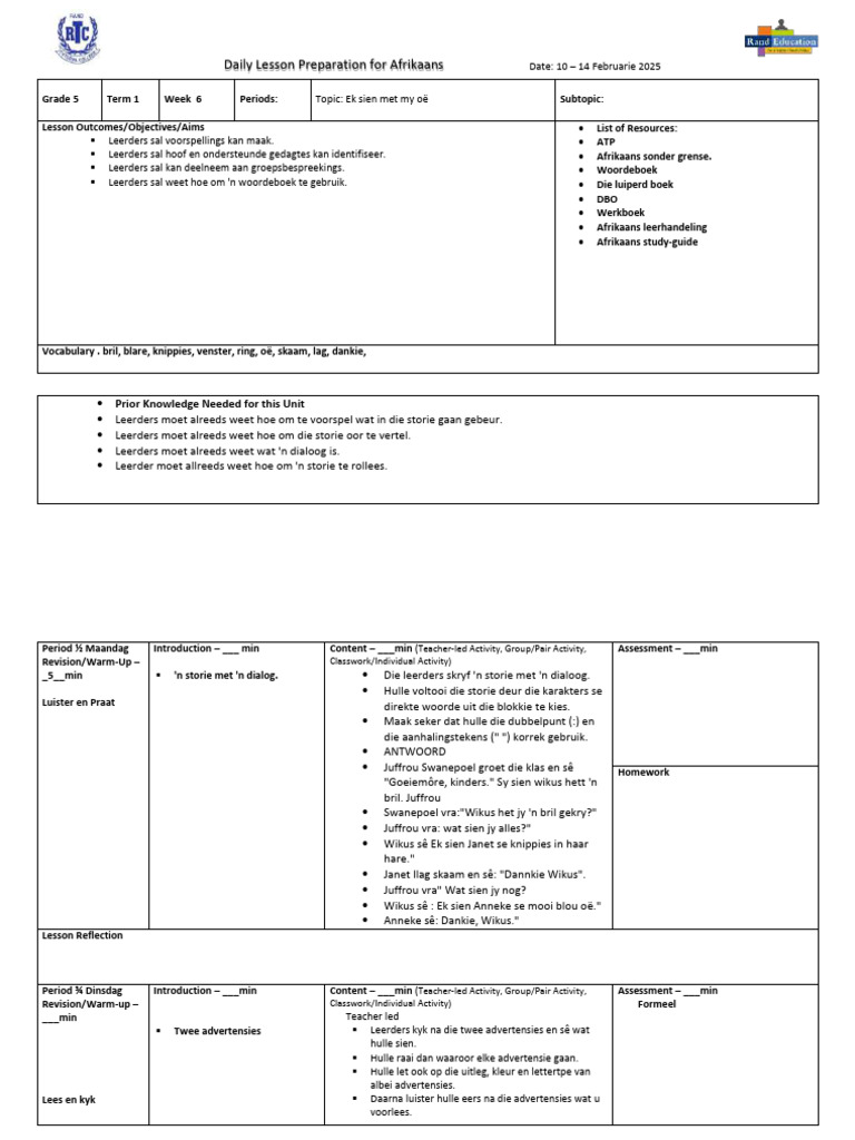 Lesson Plan Week 6 Graad 5 Afrikaans Kwartaal 1 2025 | PDF