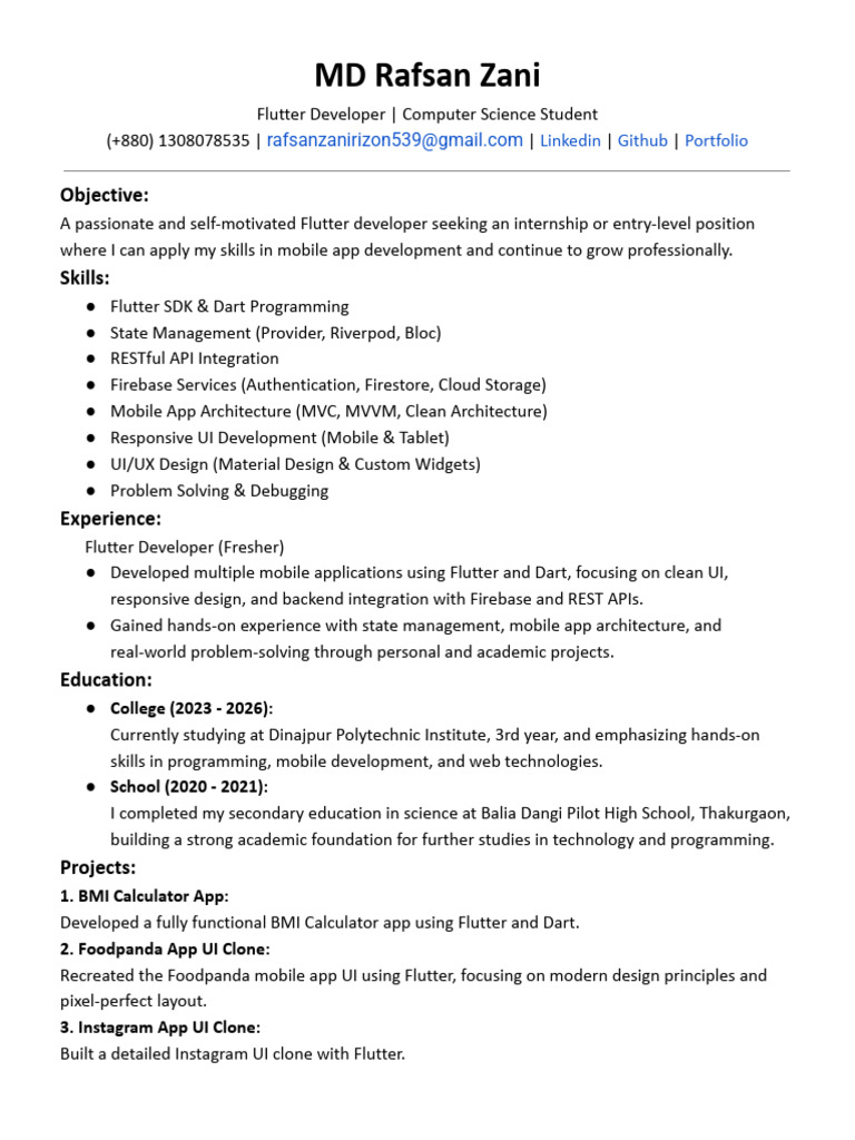 Flutter Developer Resume & Skills | PDF