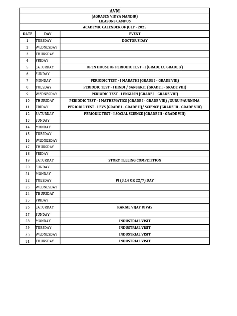 Academic Calender of July 2025 | PDF