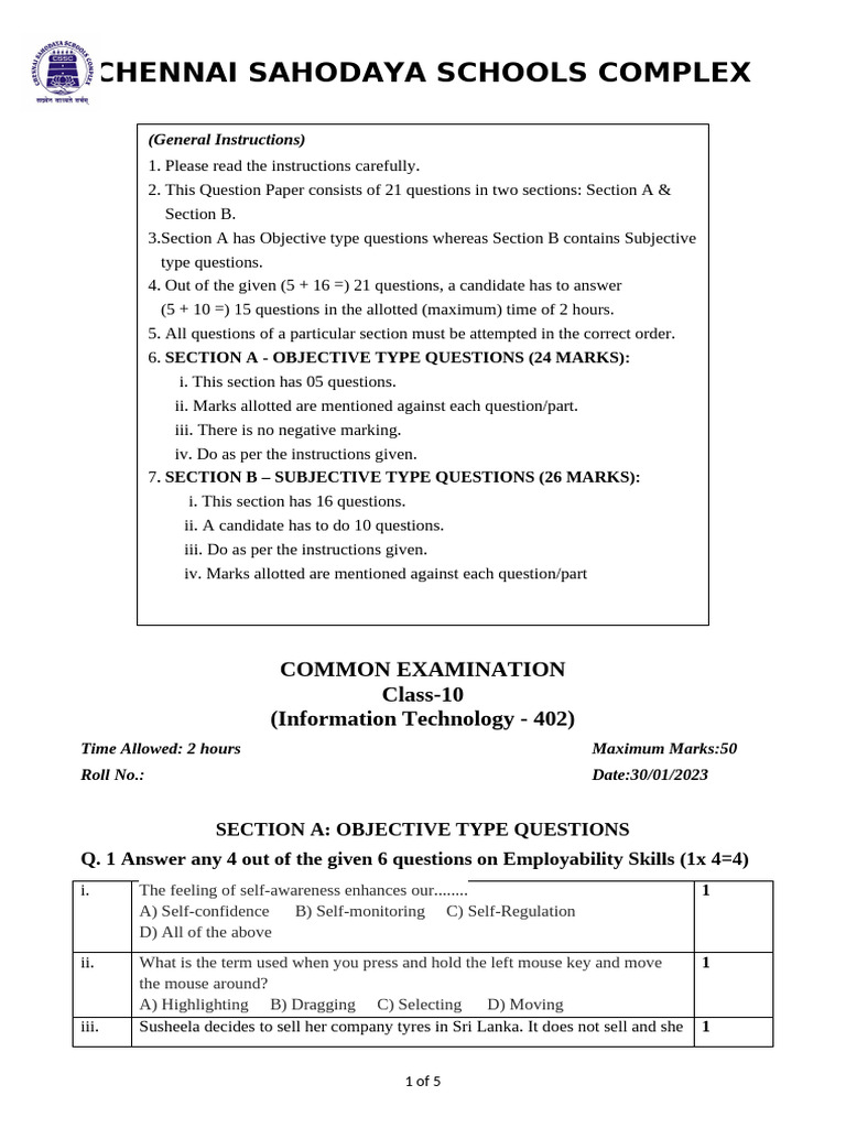 CSSC IT - Class 10 Question Paper - 1 | PDF | Spreadsheet | Databases