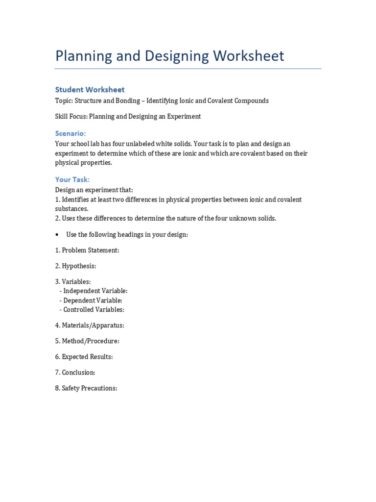 14th Lab Planning & Design - Worksheet - Ionic - Vs - Covalent | PDF