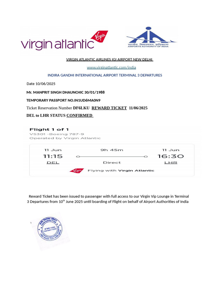 Virgin Atlantic Reward Ticket Details | PDF