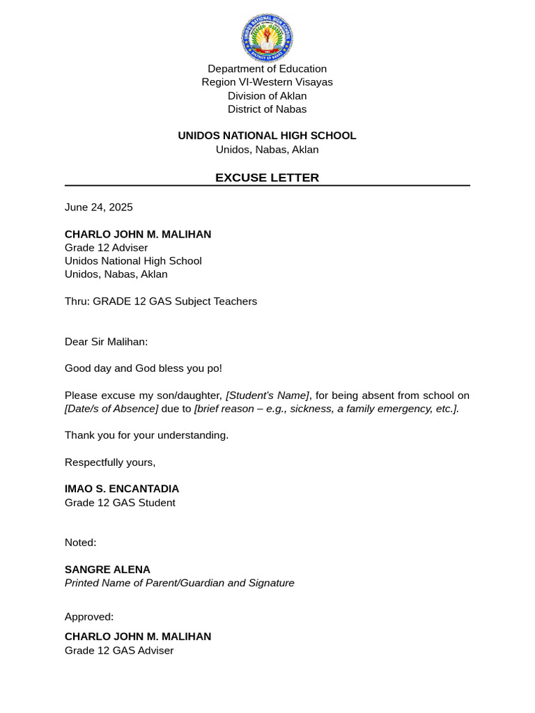 Sample Format of Excuse Letter | PDF