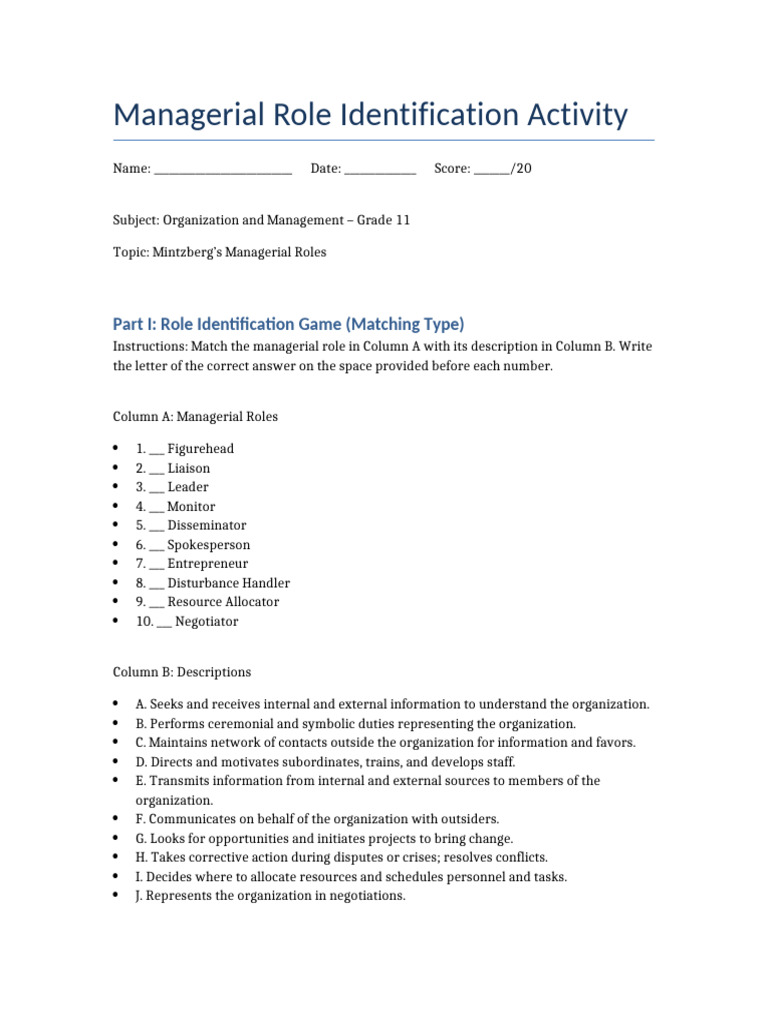Mintzberg's Managerial Roles Activity | PDF