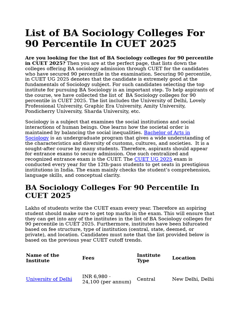 BA Sociology Colleges for CUET 2025 | PDF | Bachelor Of Arts | Bachelor ...