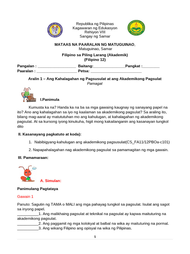 Fil Sa Piling LarangAkademik Q1M1 | PDF