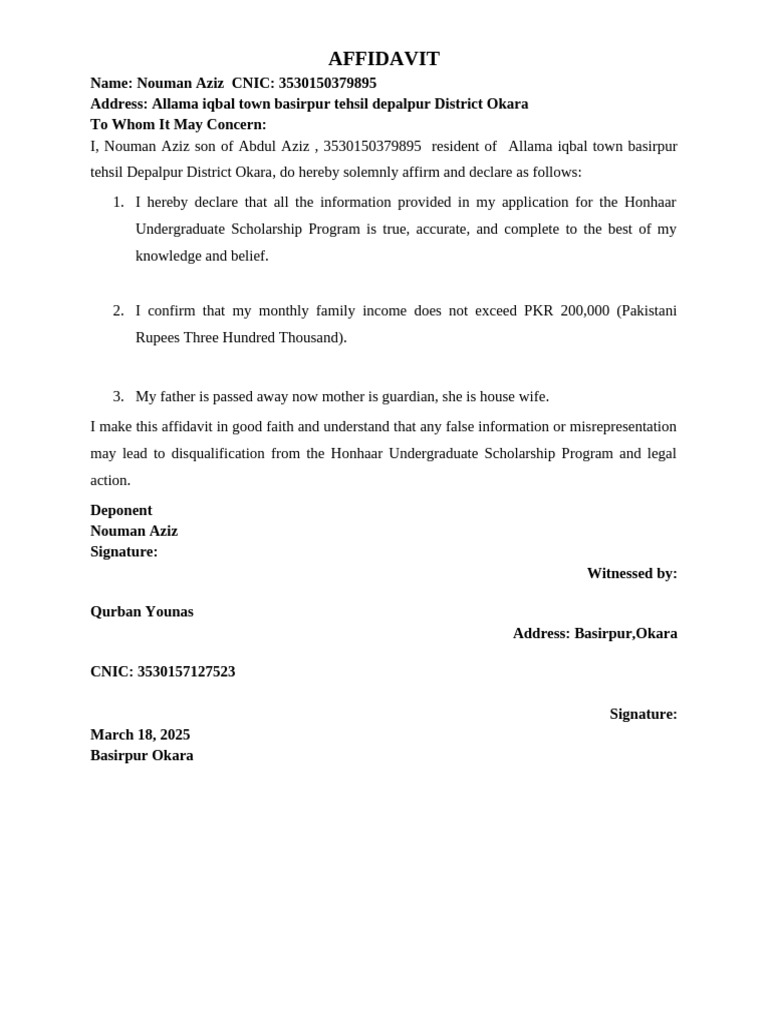 Affidavit - HONahaar Nouman Aziz HND 4th | PDF