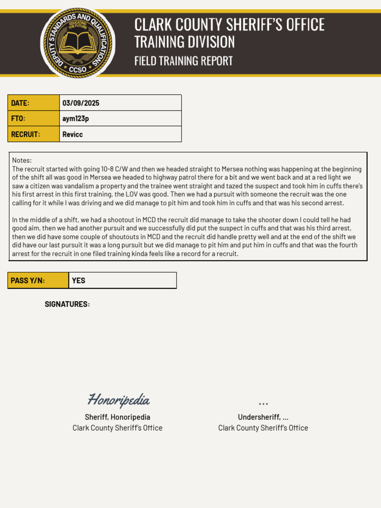 CCSO - Field Training Report 1 ReviiCC | PDF