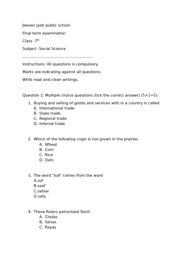 Class - 7th Final Term Examination | PDF