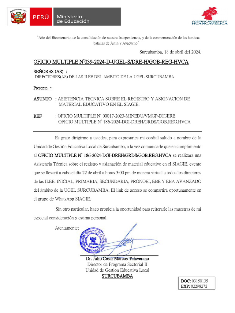 Oficio Multiple N 039 2024 Asistencia Tecnica Sobre El Registro y Asignacion de Material ...