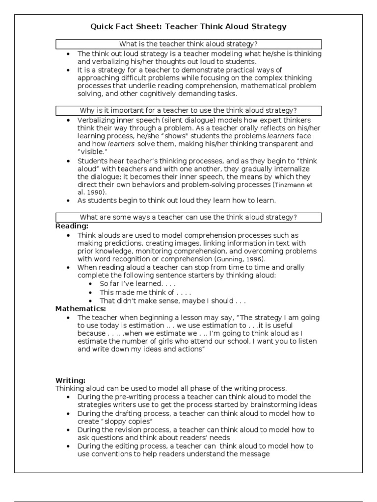 Quick Fact Sheet-Think Aloud | PDF | Reading Comprehension | Thought