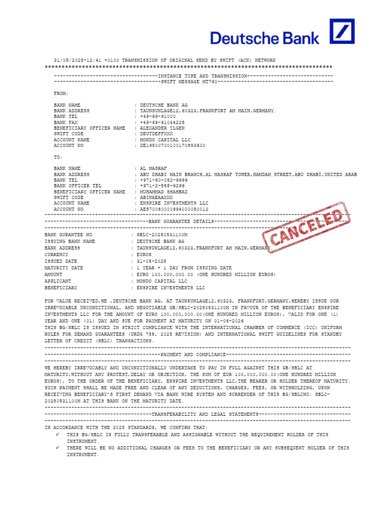 MT760 SBLC 100 MIL Swift Original Cancelled | PDF | Letter Of Credit | Business Law