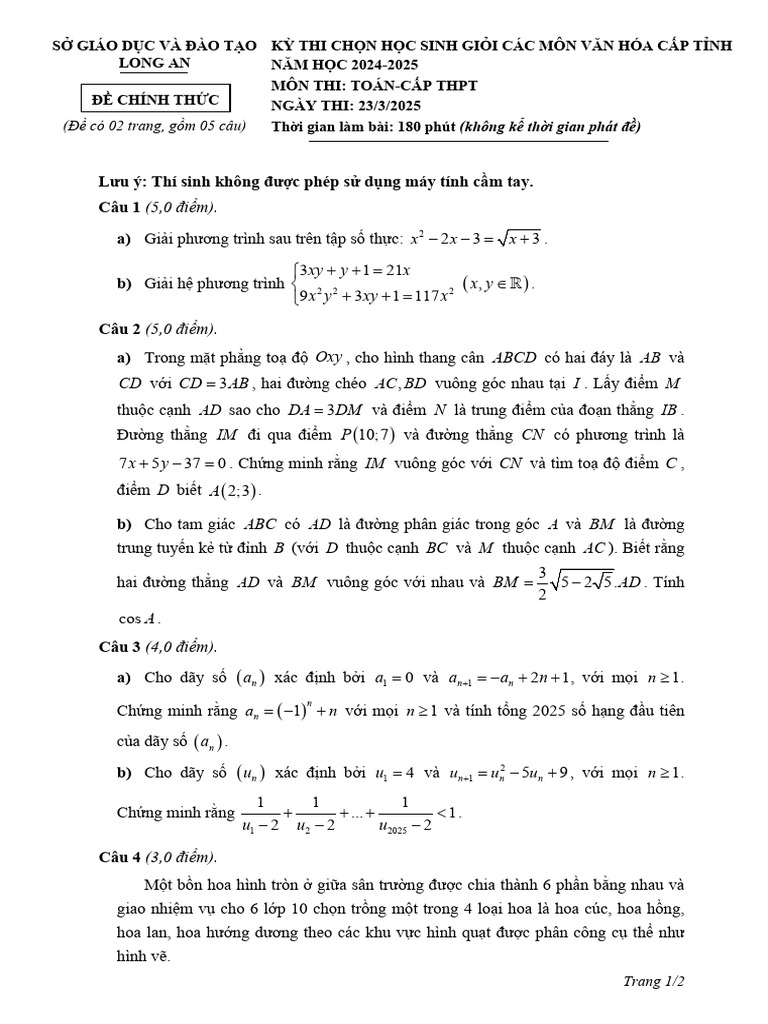 De Chon Hoc Sinh Gioi Tinh Toan THPT Nam 2024 2025 So GDDT Long An | PDF