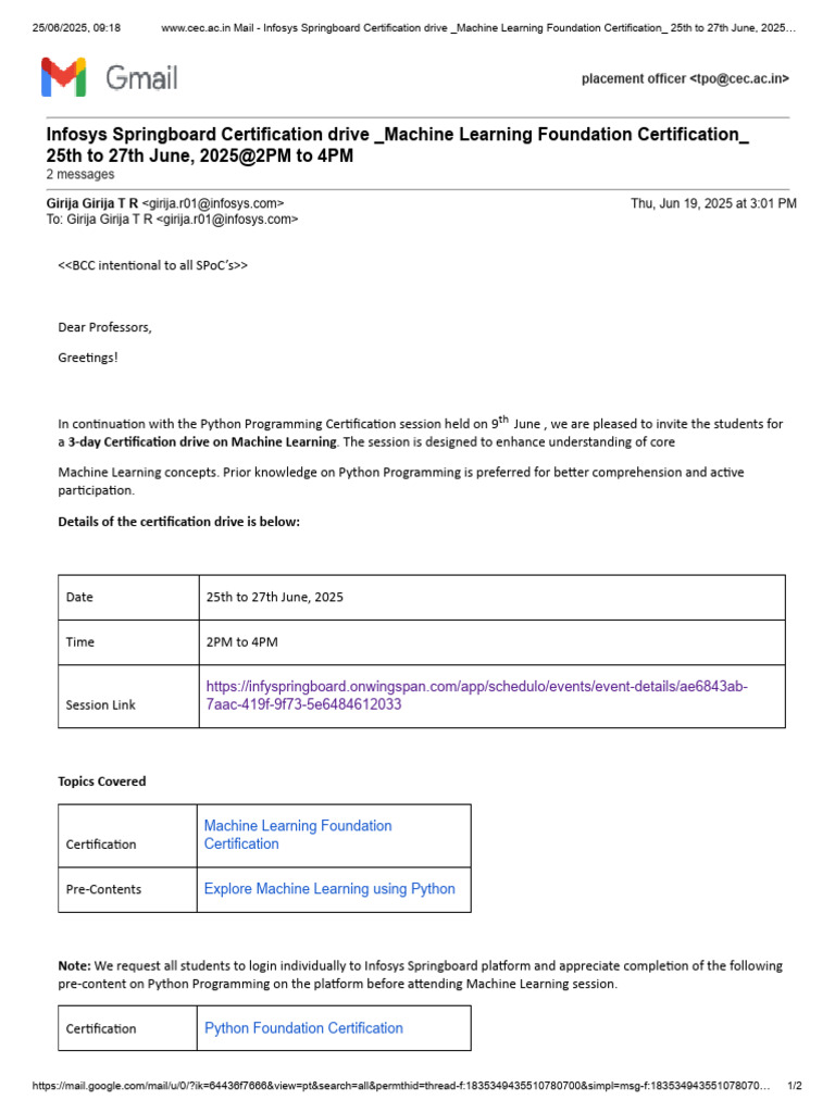 Infosys Springboard Certification Drive - Machine Learning Foundation Certification - 25th To ...