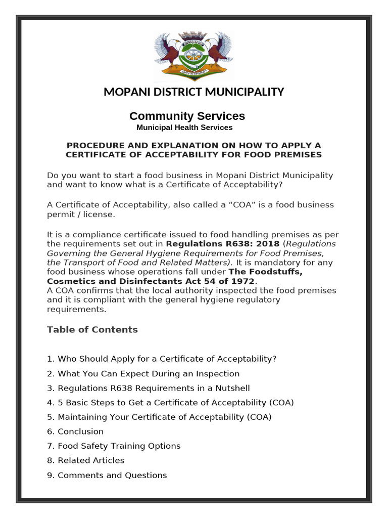 COA Application Guide for Food Premises | PDF | Food Safety | Safety