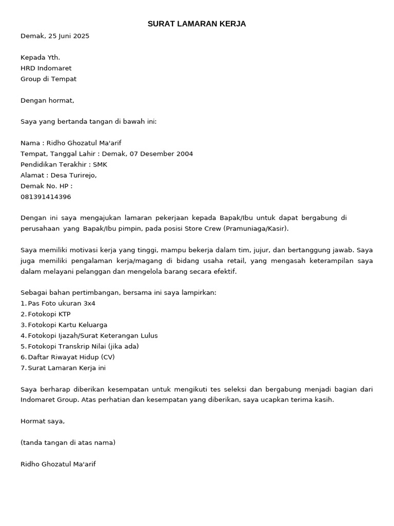 Surat Lamaran Ridho Indomaret Satu Lembar | PDF