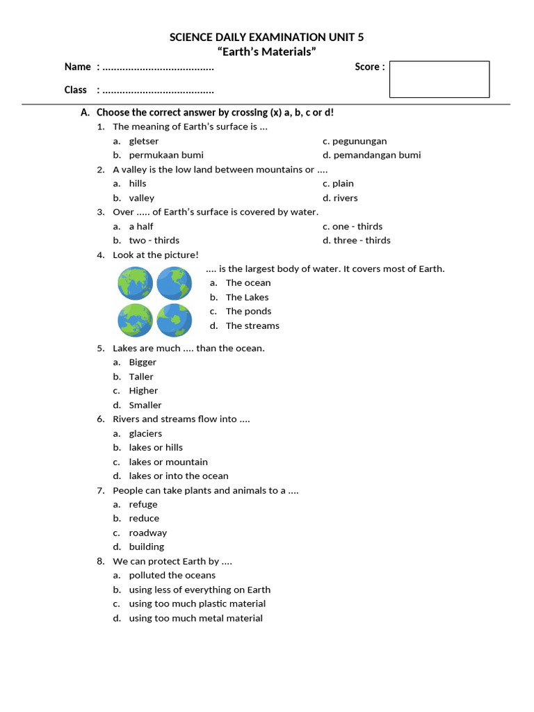 Science Daily Examination Unit 5 | PDF | Lake | River