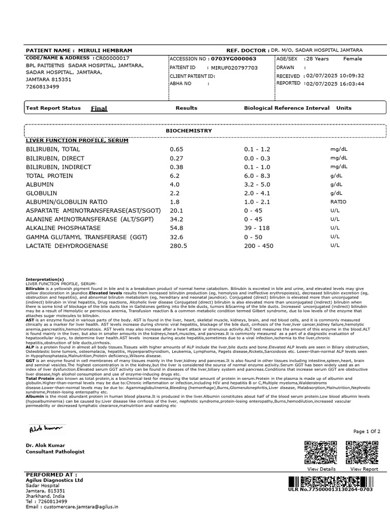 Liver Function Test Report for Miruli Hembram | PDF | Hepatitis | Liver