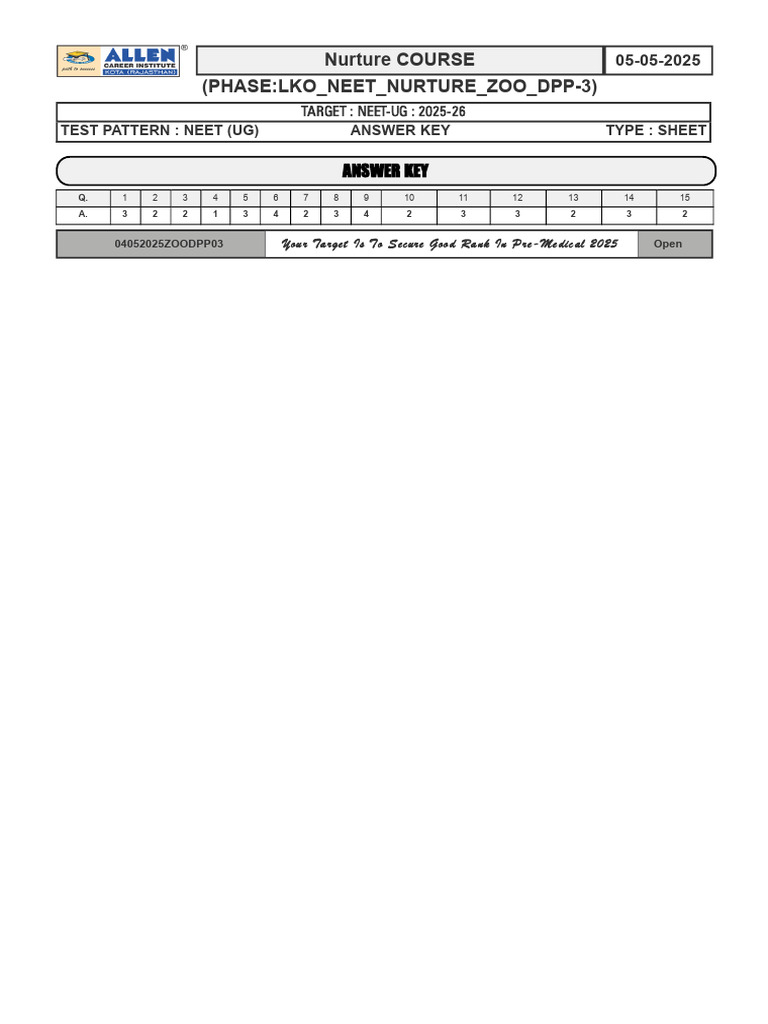 04052025zoodpp03-Neet Zoo Dpp-3 Key | PDF