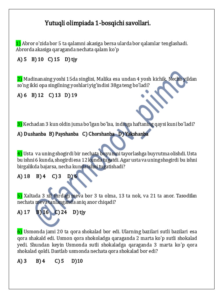 Yutuqli Olimpiada Savollari1 | PDF
