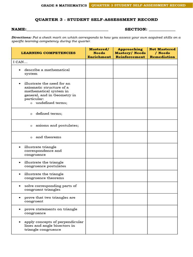 Grade 8 Math Self-Assessment Q3 | PDF