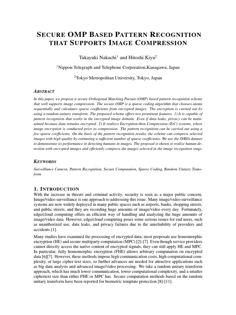 Secure OMP Based Pattern Recognition That Supports Image Compression | PDF | Data Compression ...