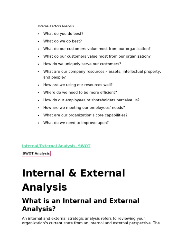 Internal Factors in SWOT Analysis | PDF | Swot Analysis | Market ...