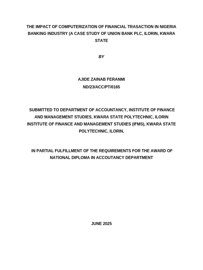 The Impact of Computerization of Financial Trasaction in Nigeria Banking Industry | PDF ...