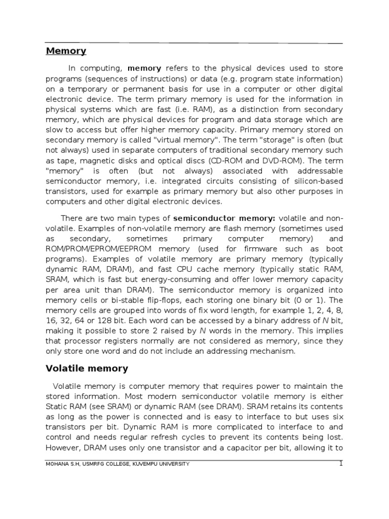 Memory: Mohana S.H, Usmrfg College, Kuvempu University | Download Free PDF | Read Only Memory ...