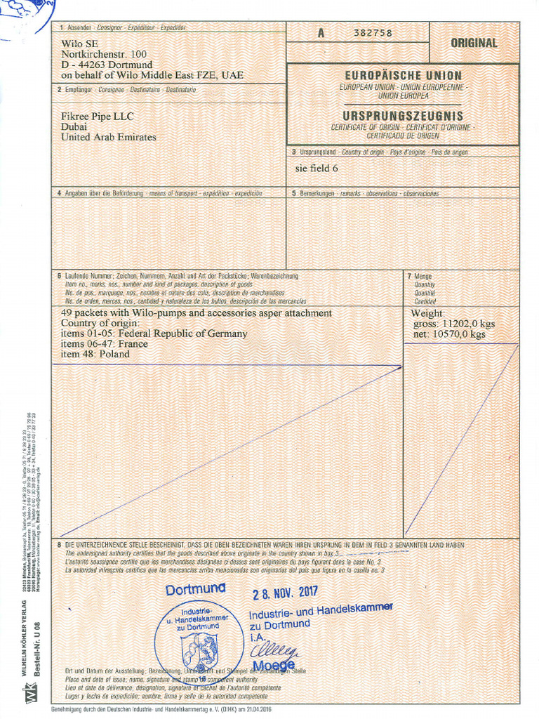 Country of Origin Certificate - MVI Pump | PDF