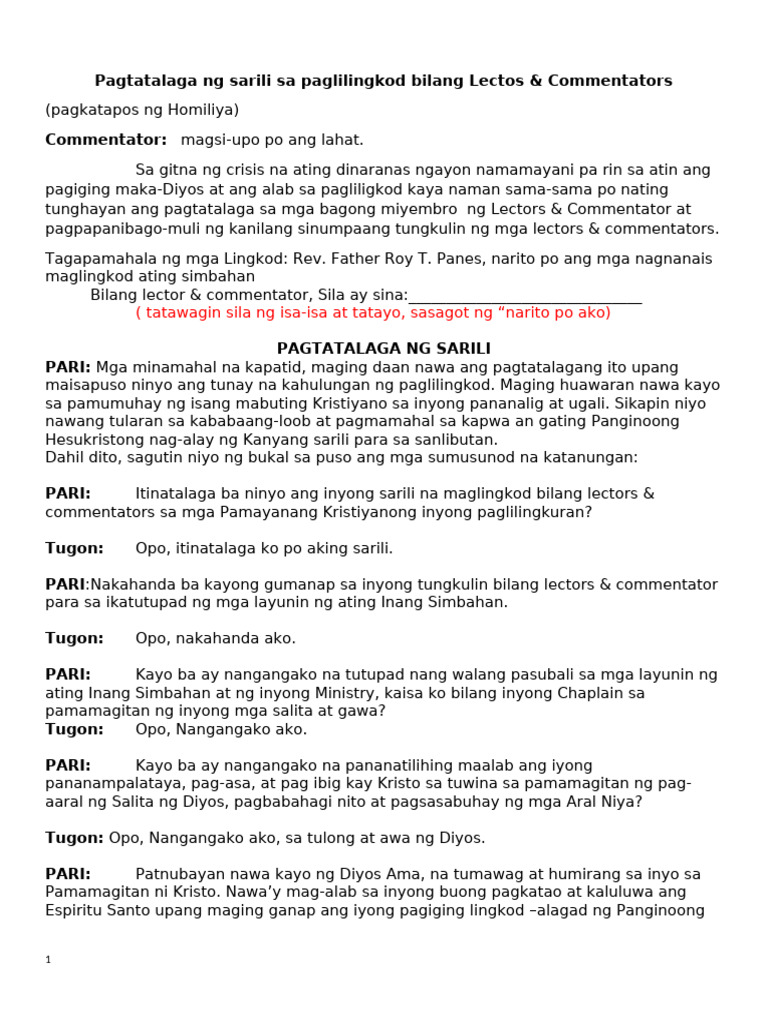 Panunumpa Sa Tungkulin NG Ministry of Lectors | PDF