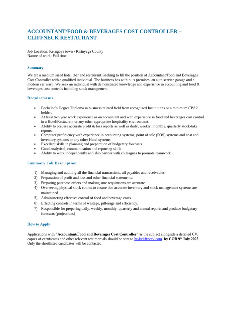 Accountant/Food Cost Controller Job | PDF