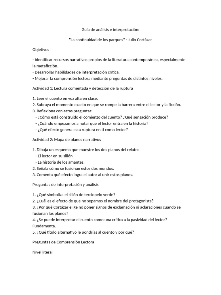 Análisis de "La continuidad de los parques" | PDF | Cuentos ...