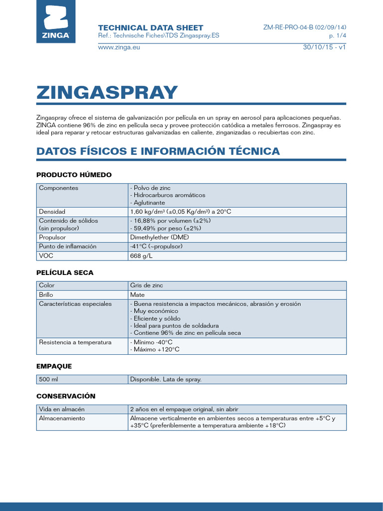 TDS Zingaspray ES | PDF | Zinc | Materiales