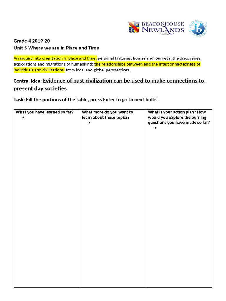 Grade 4 Unit 5: Place and Time Inquiry | PDF