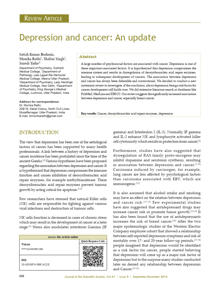 Depression and Cancer An Update.23 | PDF | Cancer | Major Depressive ...