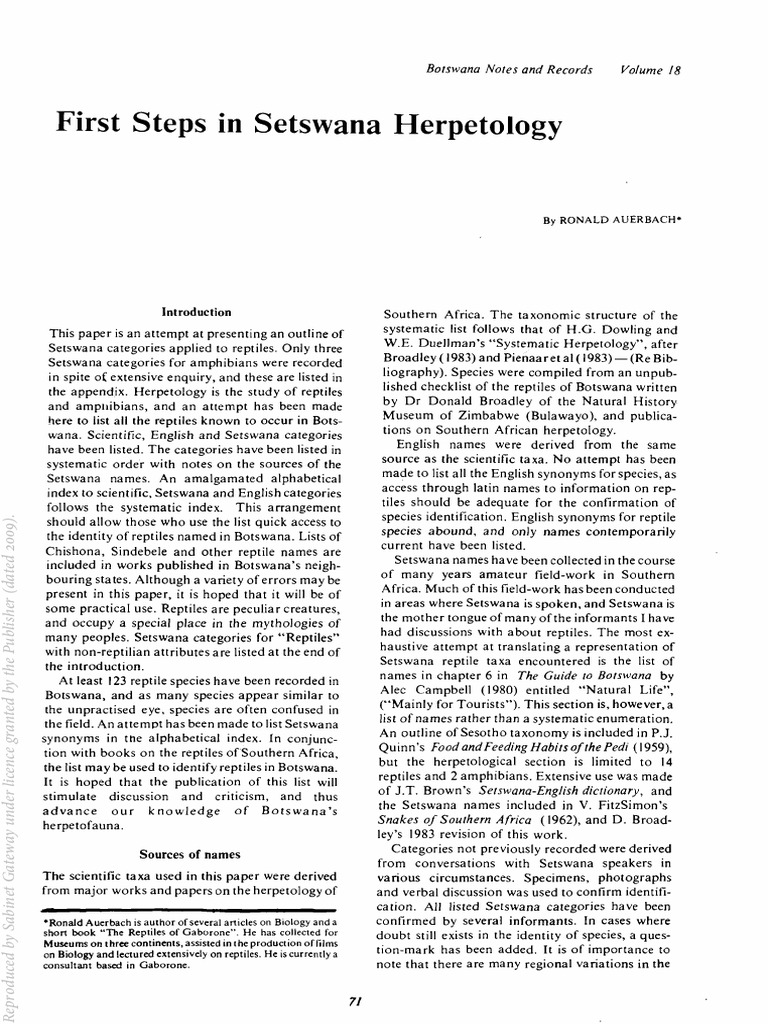Setswana Names for Botswana Reptiles | PDF | Taxonomy (Biology) | Plural
